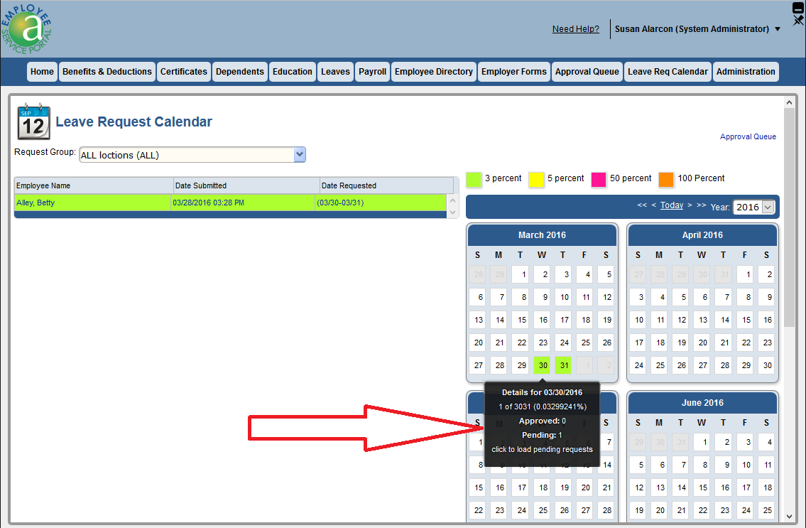 Leave Request Details box popup