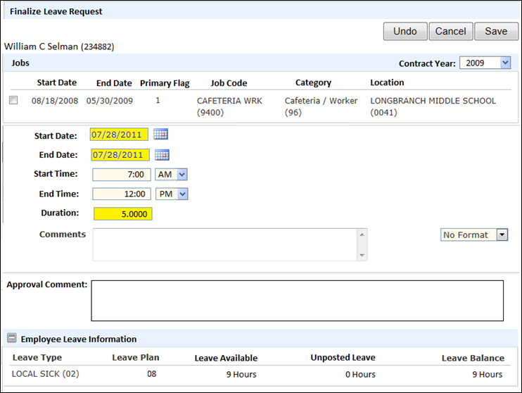 Finalize Leave Request page popup